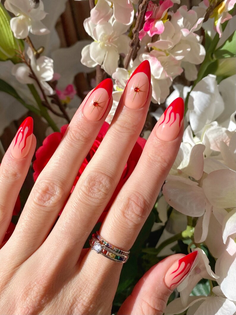 Red French Tips Fire Design Gold Metallic Star Red Crystal Press on ...