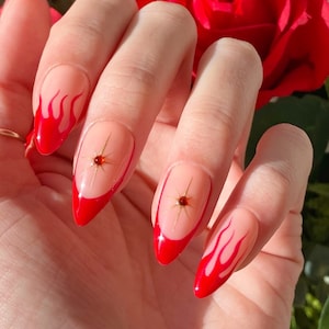 Red French Tips Fire Flames Design Gold Metallic Star Red Crystal Press ...