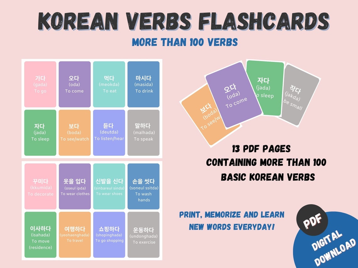 KOREAN Verbs Flashcards | 100 Korean Verbs Flashcards - Etsy