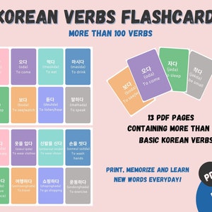 KOREAN Verbs Flashcards | 100 Korean Verbs Flashcards - Etsy
