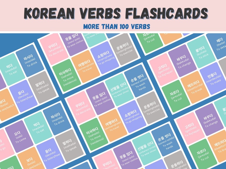 KOREAN Verbs Flashcards | 100 Korean Verbs Flashcards - Etsy