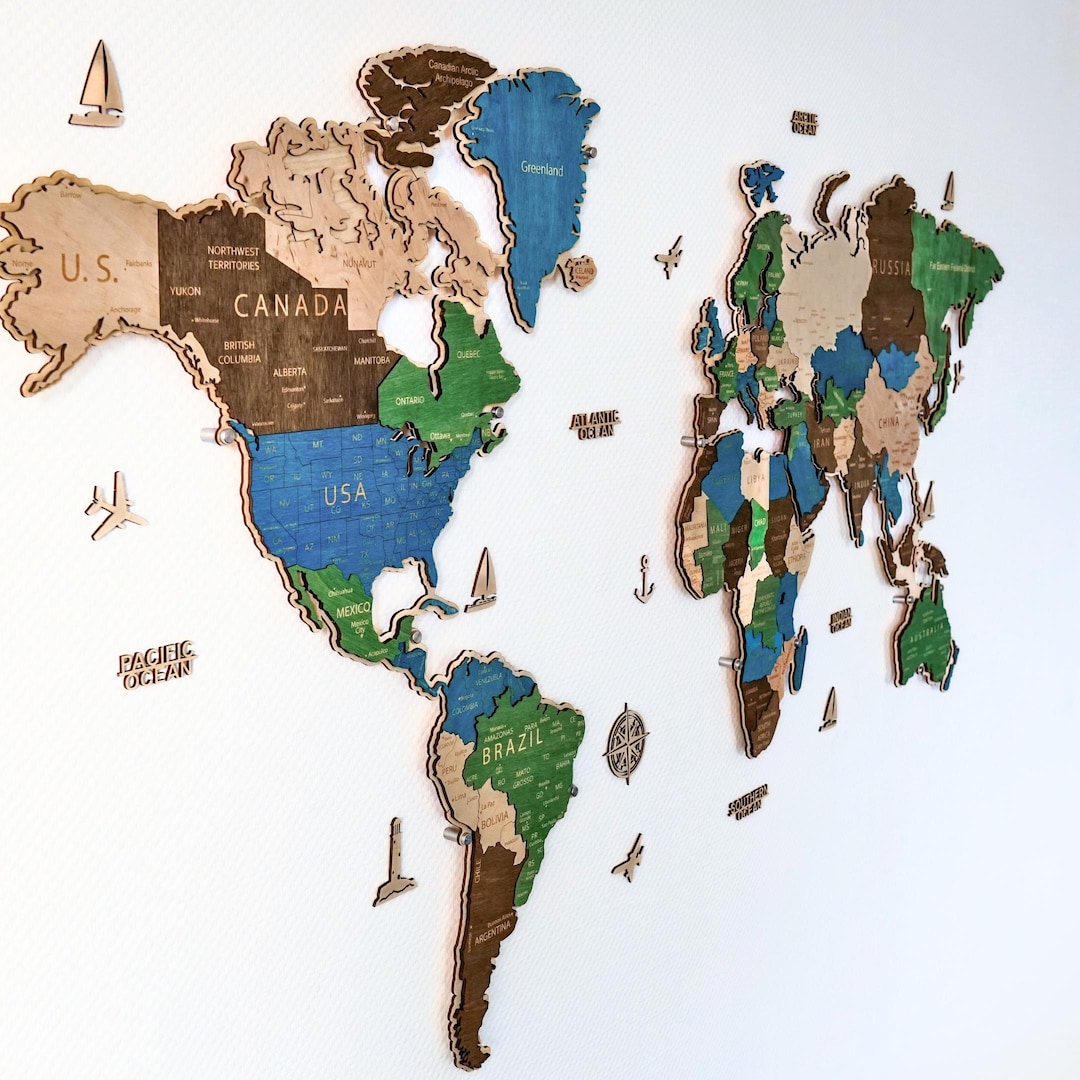 World Map Wall Art: 3D Wood Travel Map, Gift for Couples and World ...