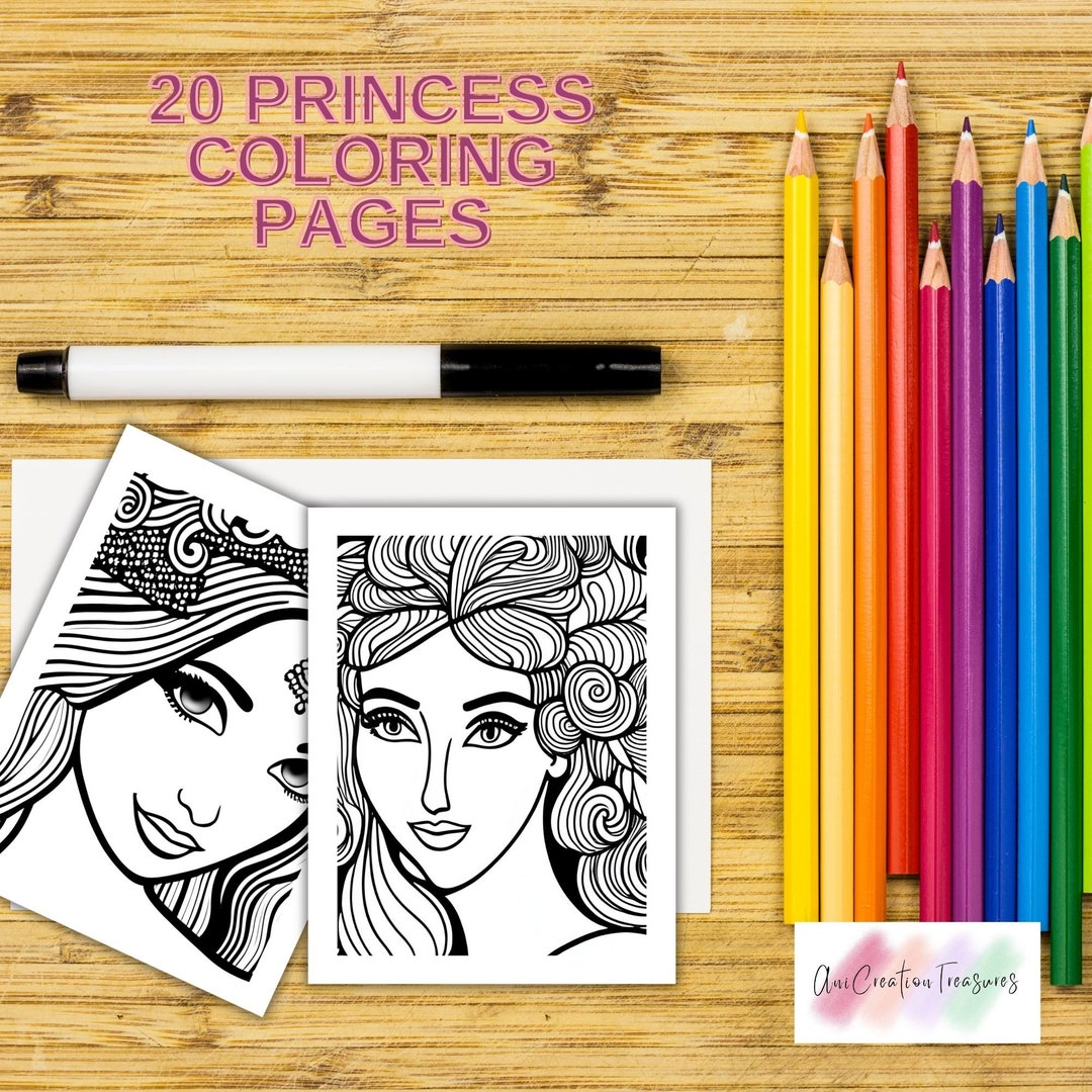 20 Pieces Princess Coloring Pages, Adult Coloring Printables, 5 PDF ...