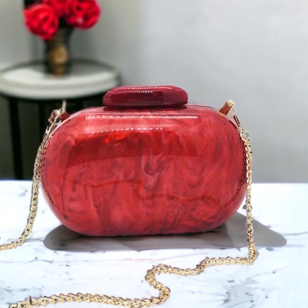 Pearl Red Oval Shape Acrylic Clutch Red Pearlescent Marbled Acrylic ...