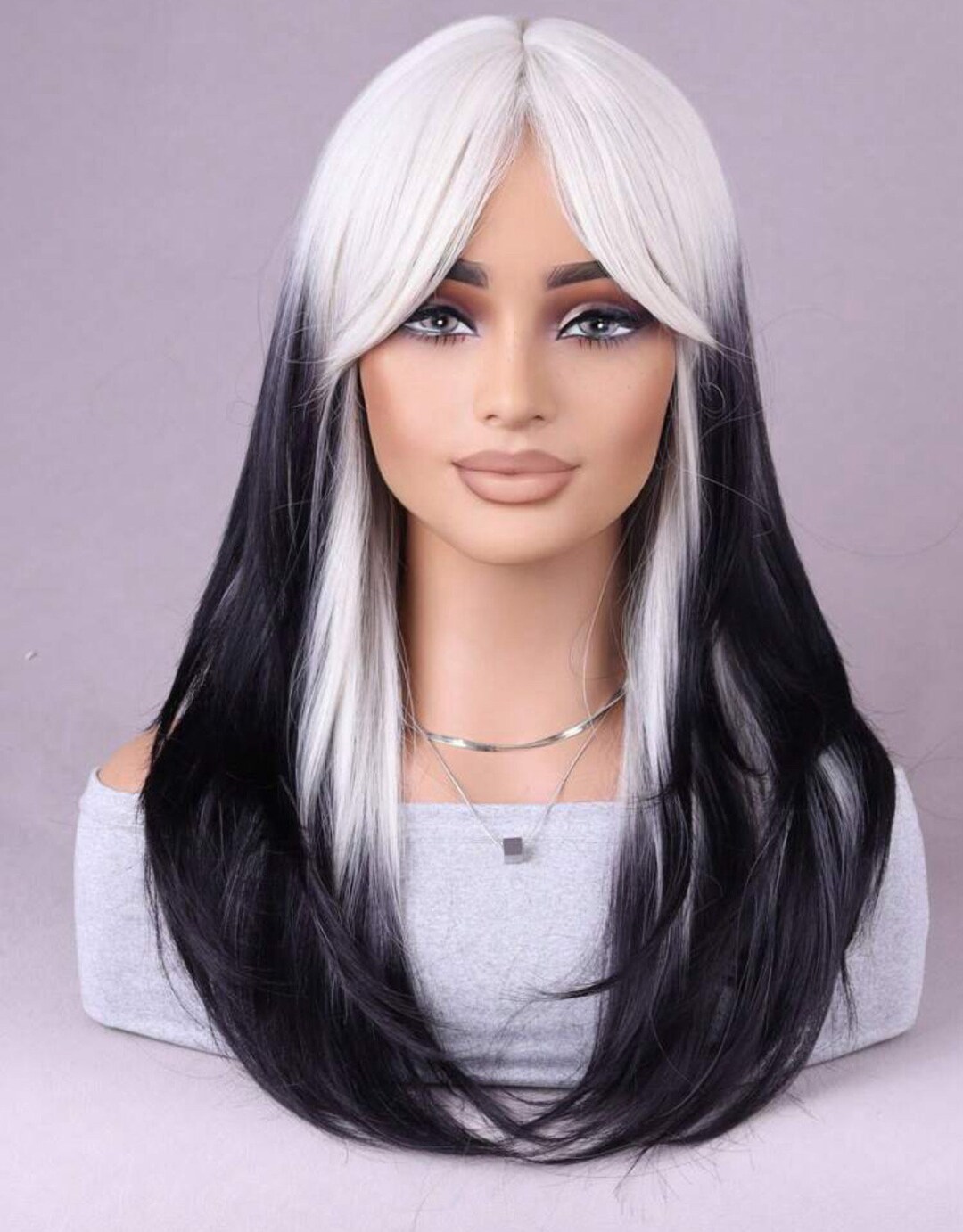 Synthetic Black and White Hair Wig Black and White Long Straight Wig ...
