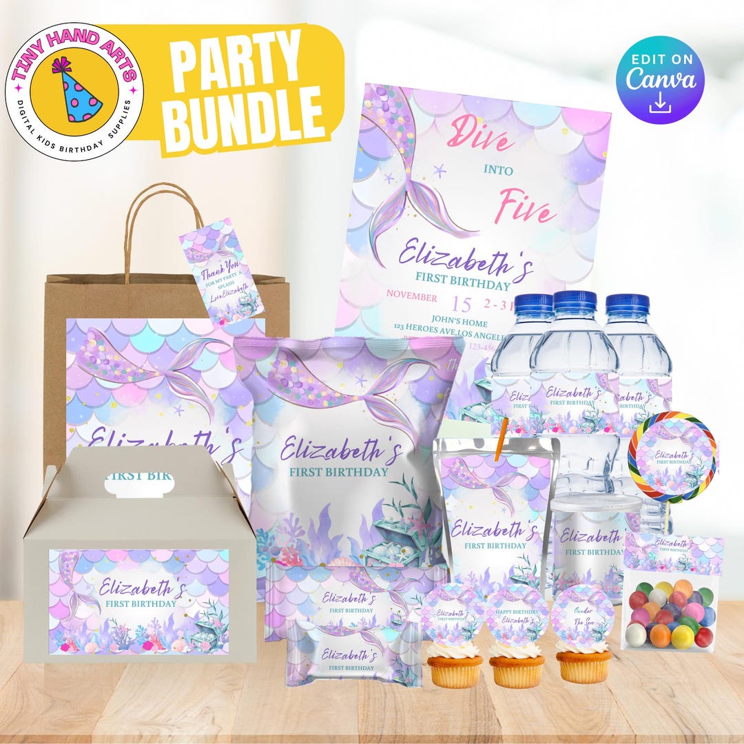 Mermaid Birthday Party Bundle: Editable Favor Kit, Canva Templates ...