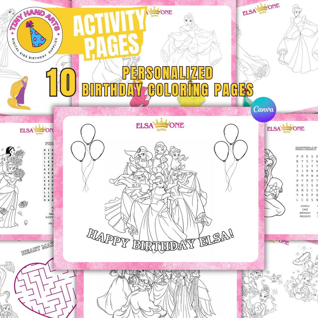 Princess Birthday Coloring Pages: Printable Party Activity (digital ...