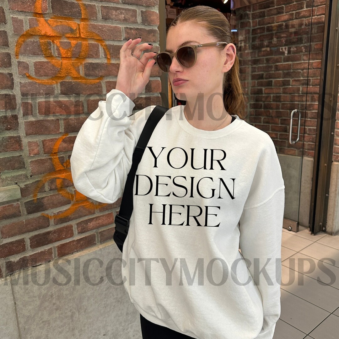 Gildan 18000 White Y2k Sweatshirt Mockup Oversized Retro Lifestyle ...
