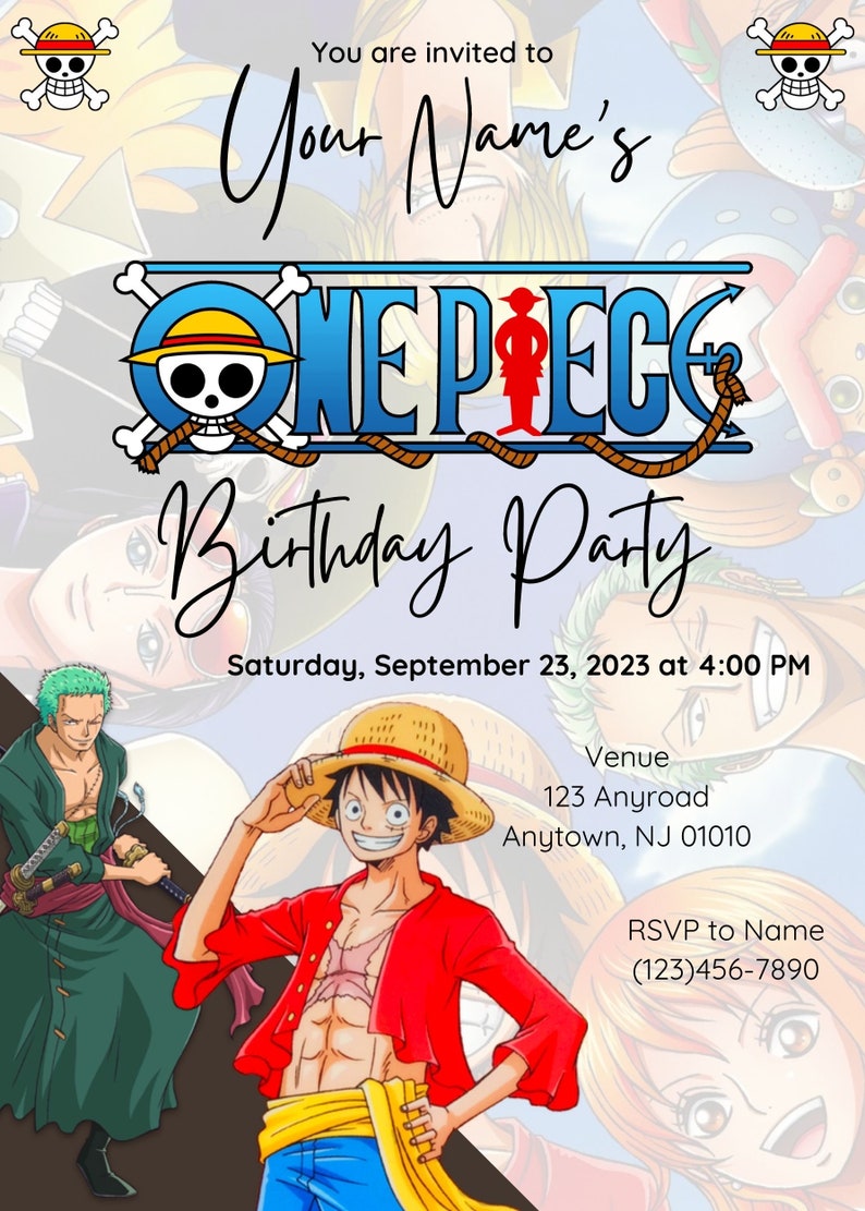 Invitación digital de fiesta de cumpleaños de anime pirata de One Piece ...