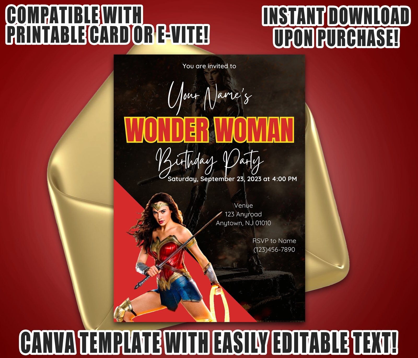 Editable Wonder Woman Birthday Party Digital Texgt Invitation Superhero ...