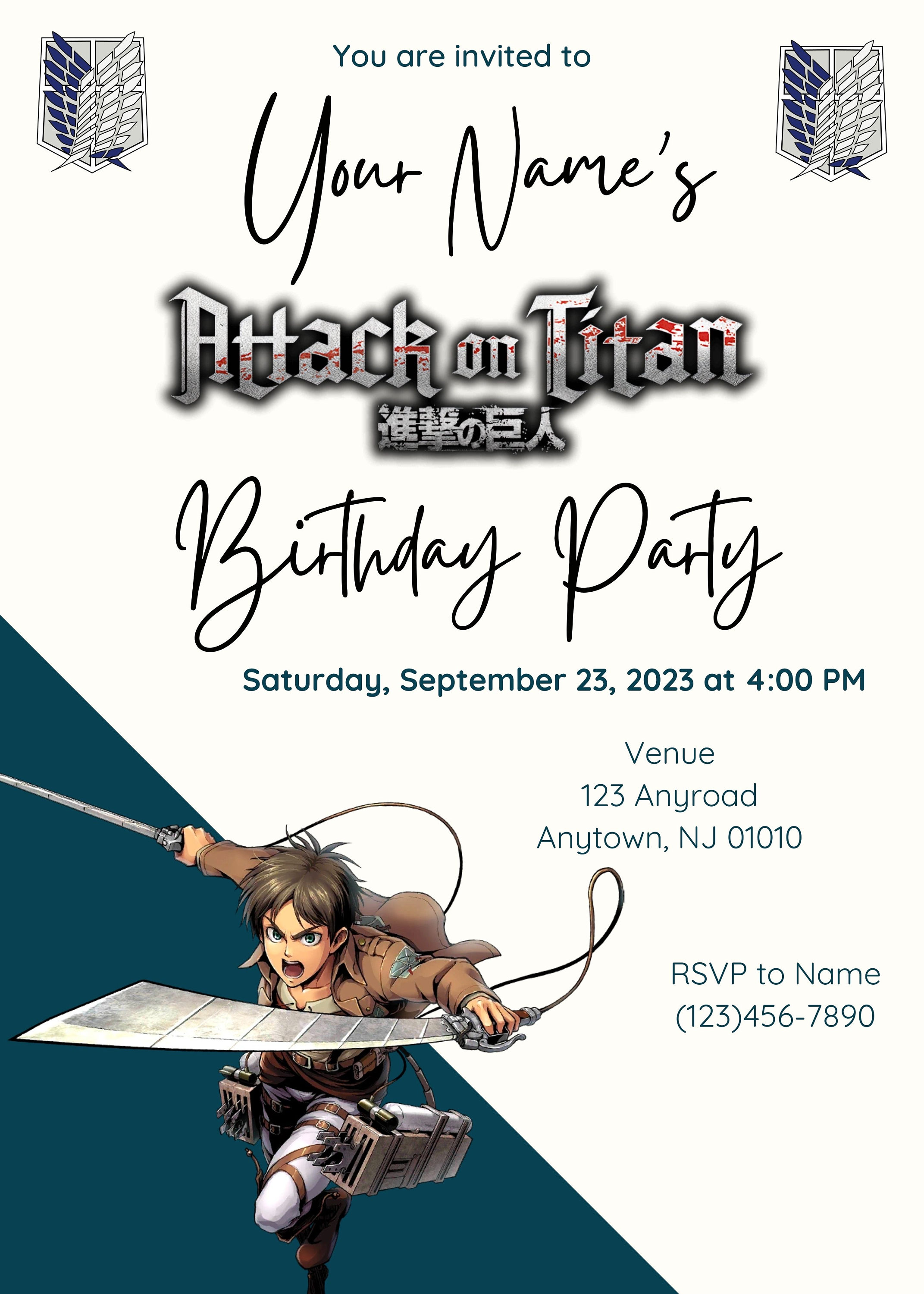Editable Attack on Titan AOT Birthday Party Digital Text Invitation ...