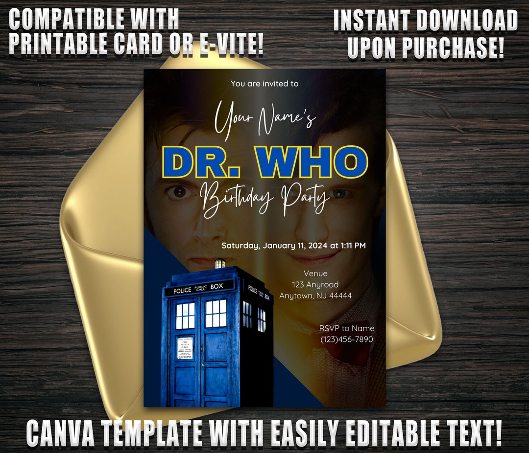 Editable Dr Who Birthday Party Digital Text Invitation Instant Download ...