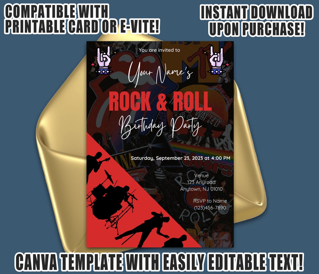 Editable Rock and Roll Theme Birthday Party Digital Invitation Kids ...