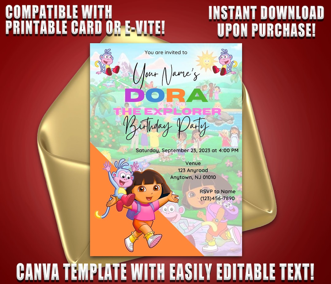 Editable Dora the Explorer Birthday Party Digital Text Invitation ...