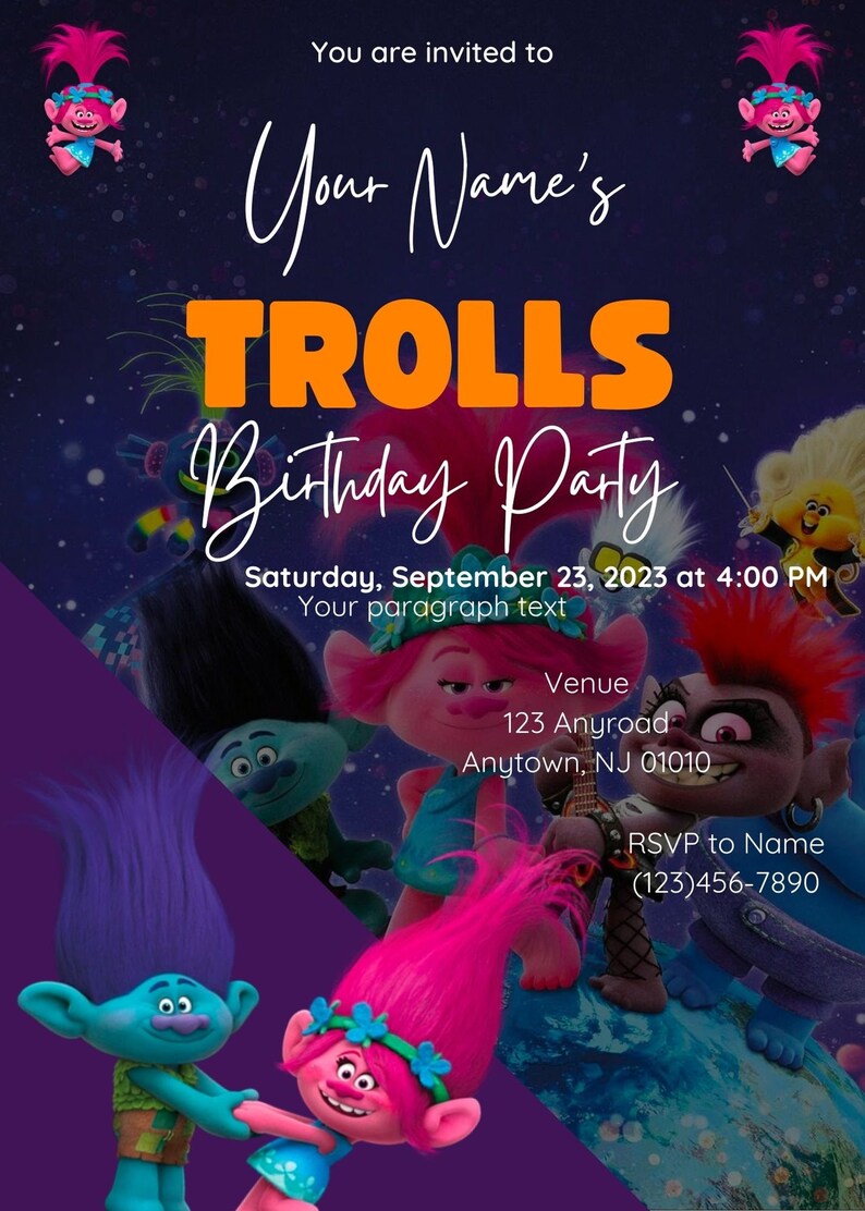 Editable Trolls Pixar Movie Birthday Party Digital Text Invitation ...