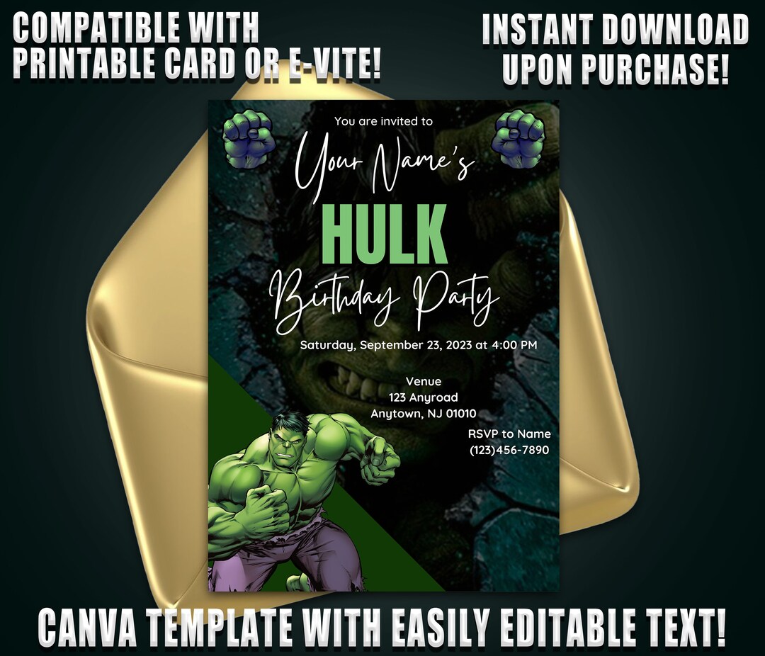 Editable the Hulk Birthday Party Digital Invitation,text Invitation ...