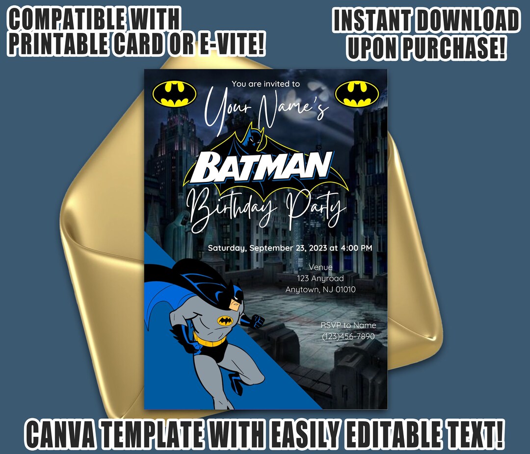Editable Batman Birthday Party Digital Invitation, Superhero Theme ...