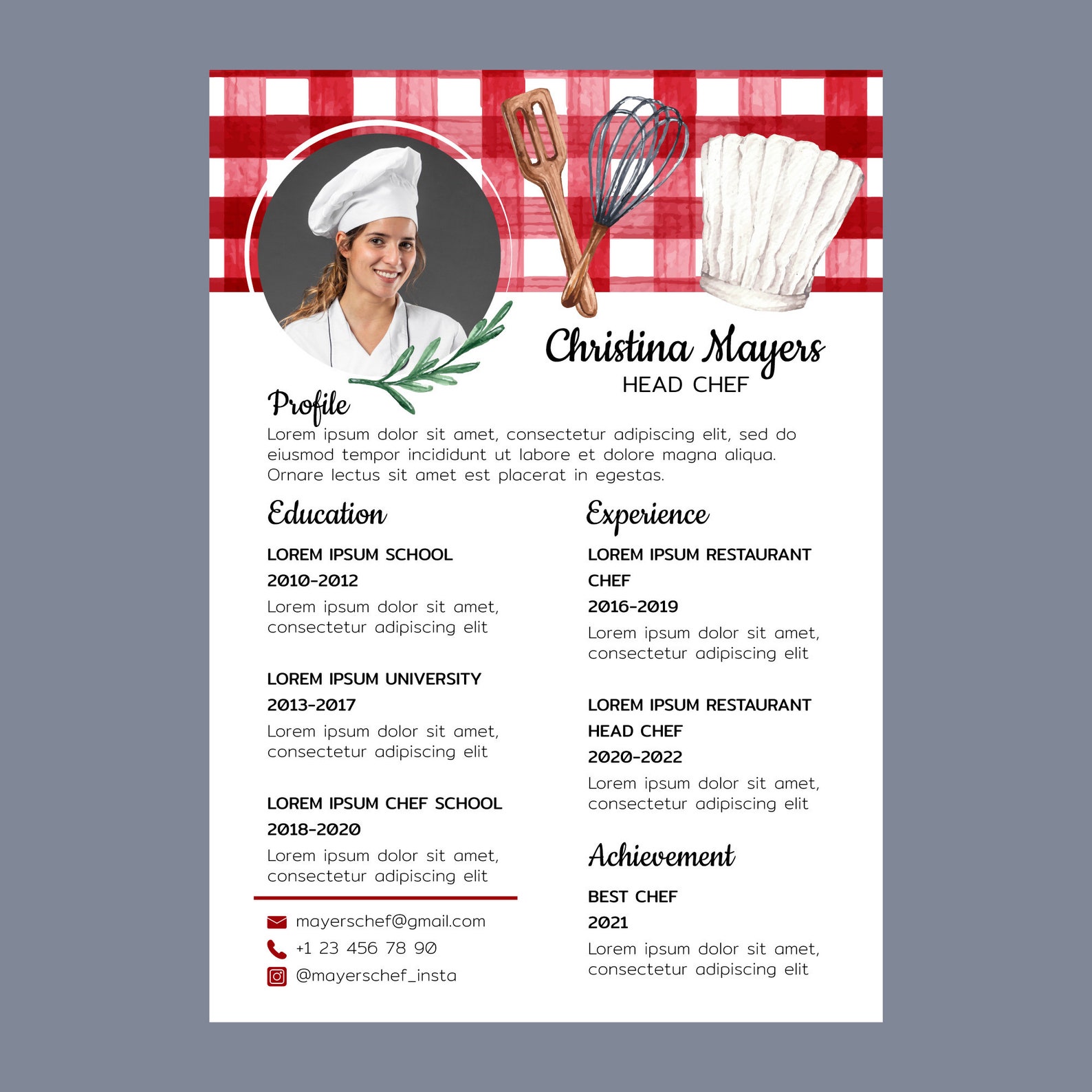 Professional Resume Template With Photo, Cook Resume Template, Editable ...