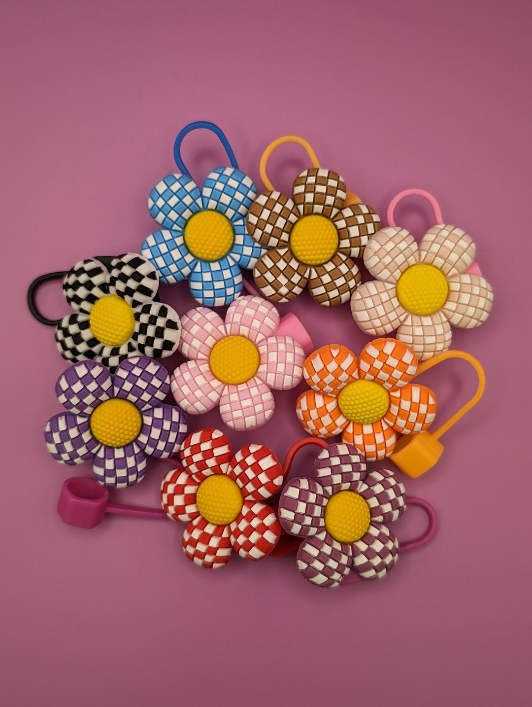 Straw Toppers Checkered Flower Toppers Stanley Cup Toppers Glass Straws ...