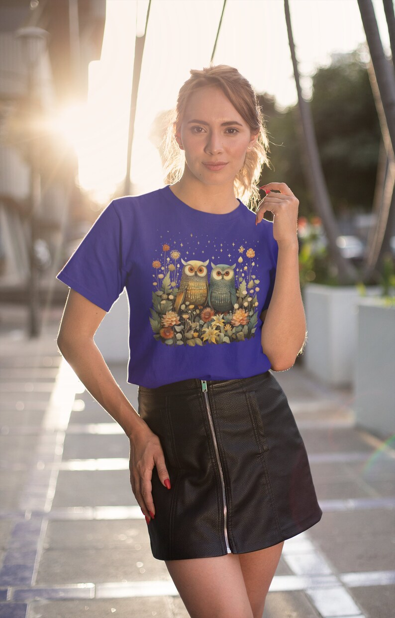 BOHO Owl Harmony Shirt, Night Sky Owls, on Floral Perch, Unisex Tee ...