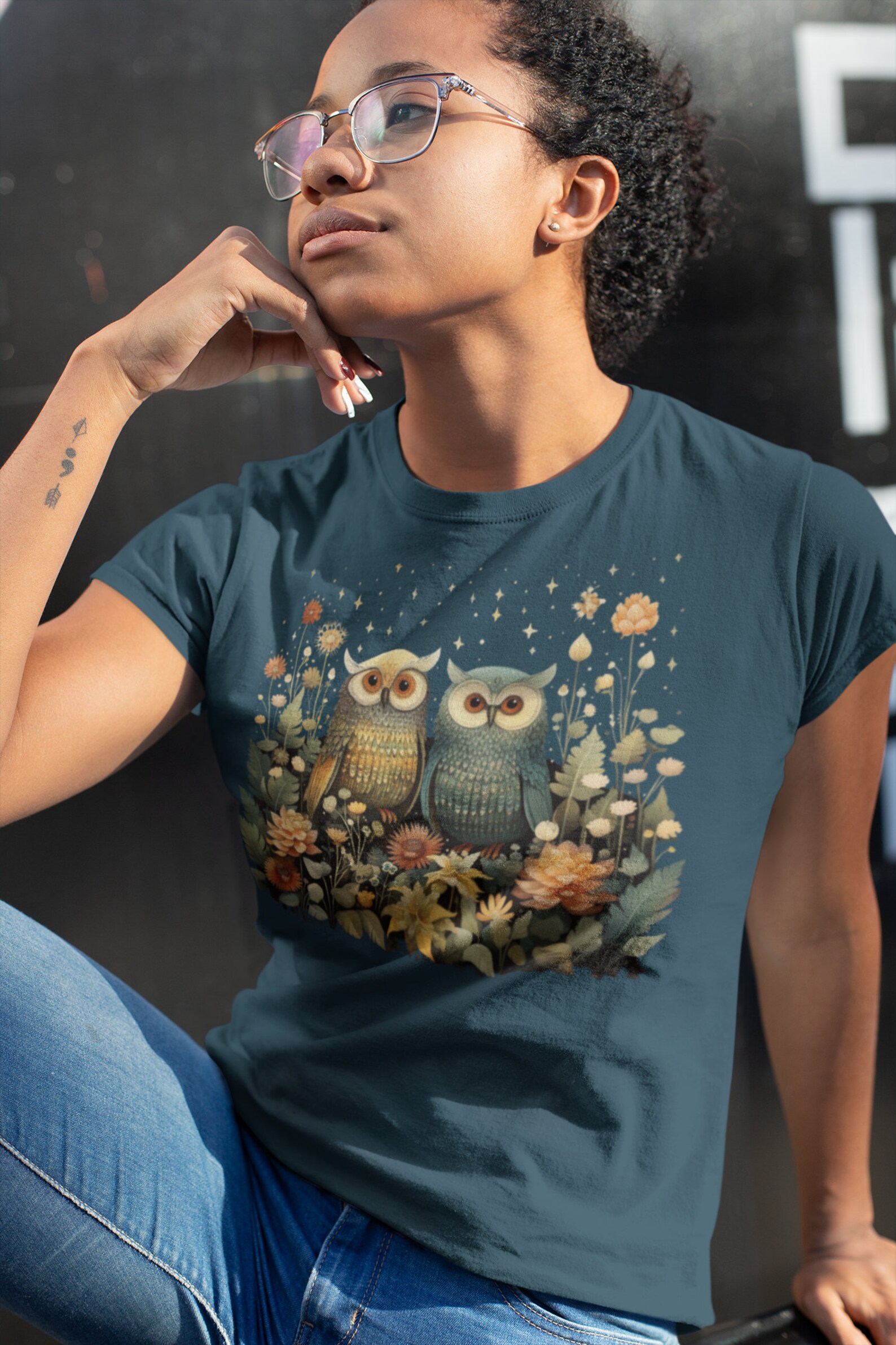 BOHO Owl Harmony Shirt, Night Sky Owls, on Floral Perch, Unisex Tee ...