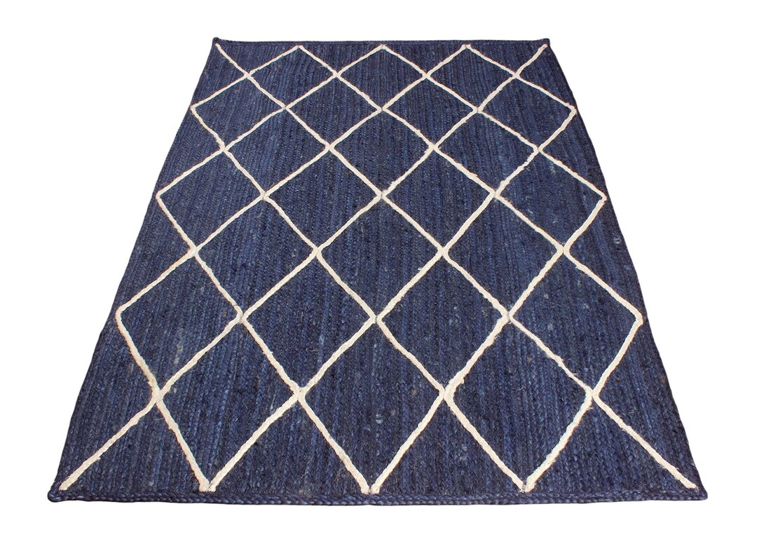 5X8,6X9,8X10 Feet Jute Rug, Blue With White Diamond Rug, Runner Rug ...