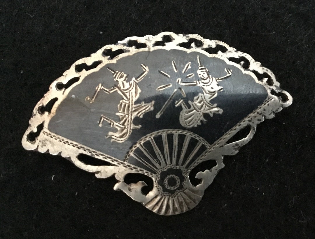 Vintage Siam Fan Pin in Sterling Silver and Black Enamel - Etsy