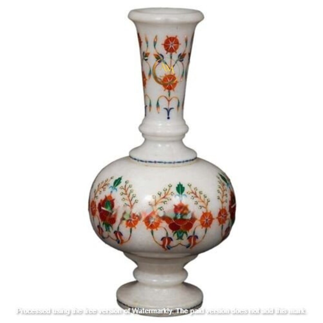 Marble Flower Vase Semi Precious Stones Floral Inlay Handmade Home ...
