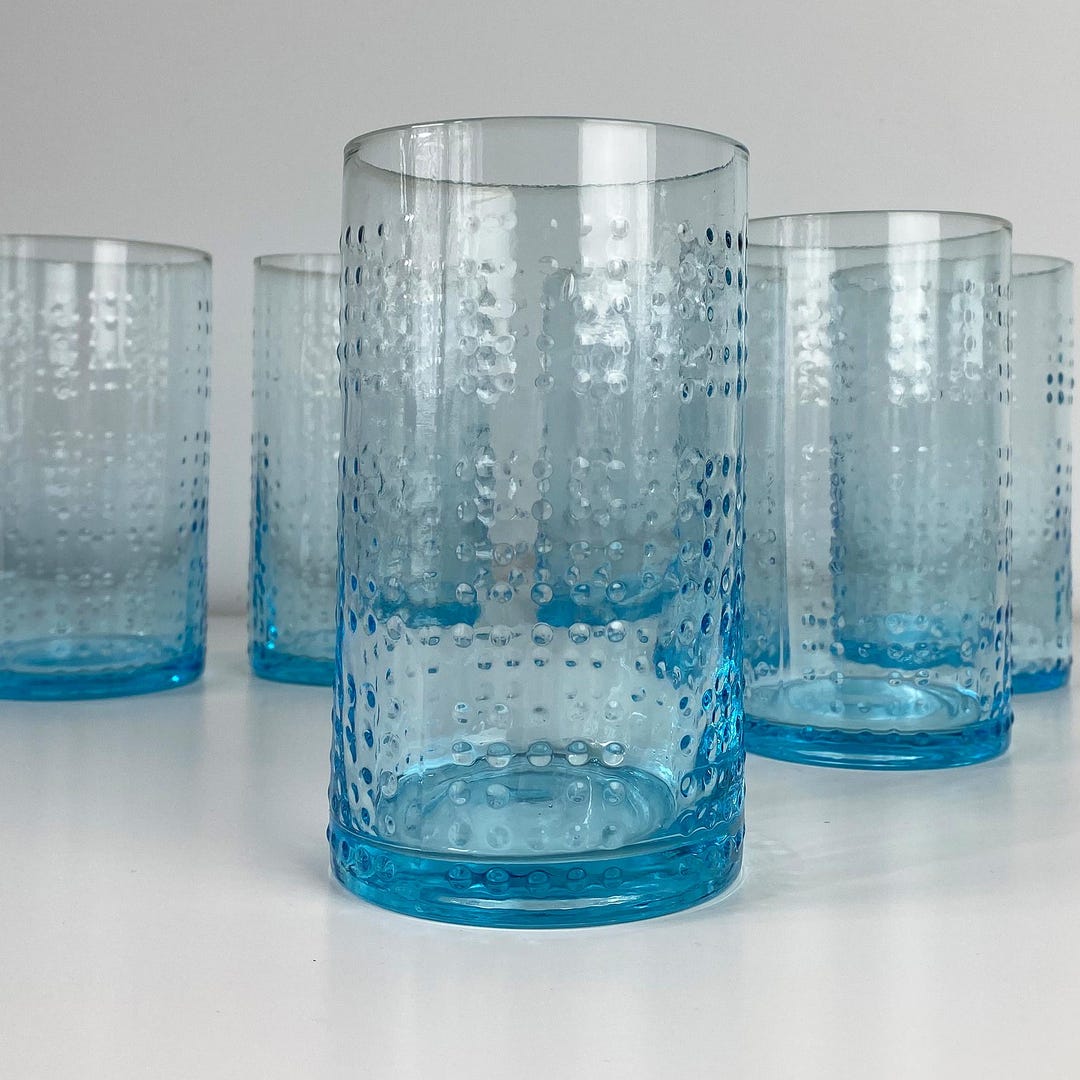 Vintage Blue Bubble Glass Tumblers - Set of 6 Retro Textured Drinking ...