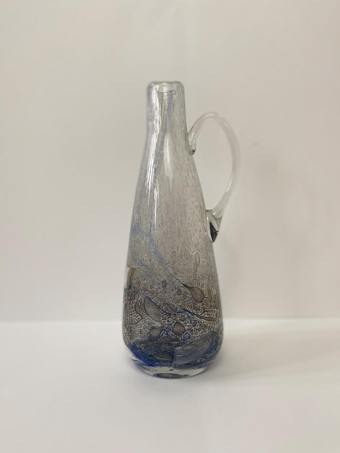Vintage Hand-blown Art Glass Pitcher With Swirled Blue and Silver ...