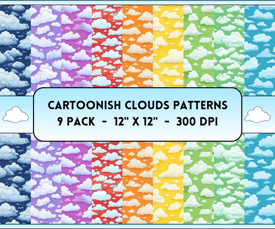 Cartoon Clouds Digital Papers, Cartoon Sky, Playful Cloud Patterns ...
