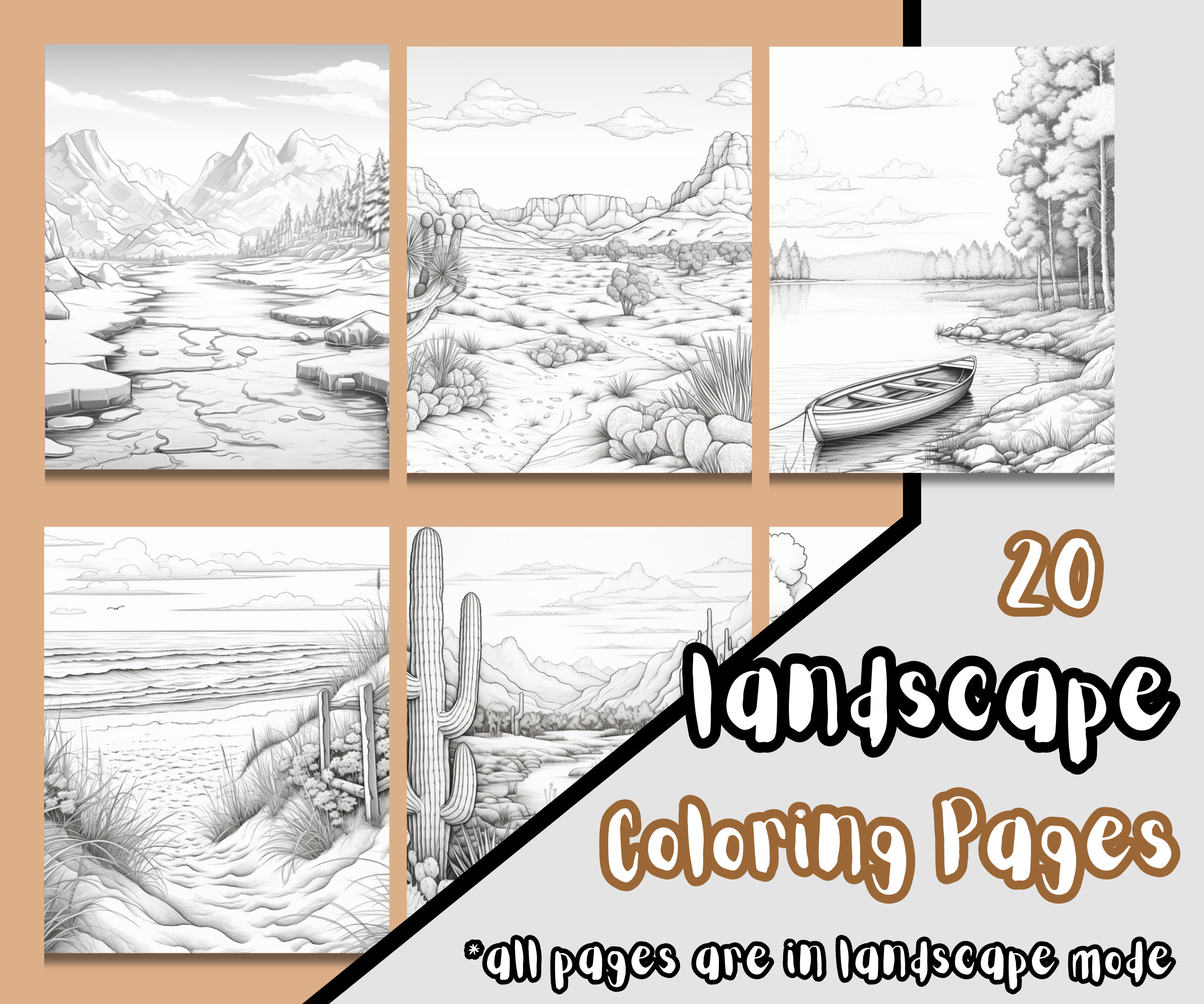 Landscape Coloring Sheets for Kids and Adults, Relaxing Scenery, From ...