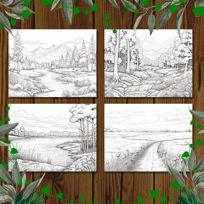 Landscape Coloring Sheets for Kids and Adults, Relaxing Scenery, From ...