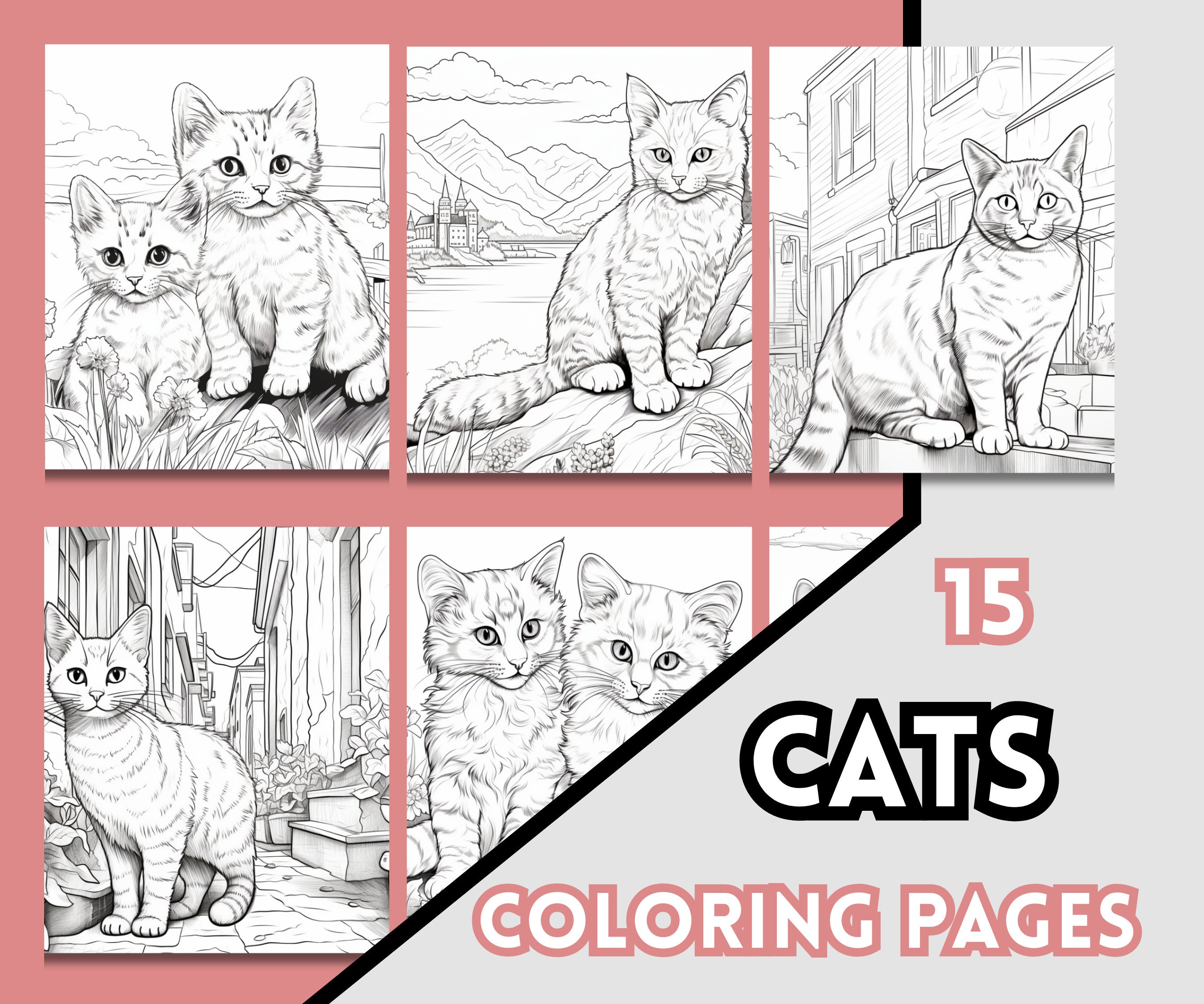 Cat Coloring Pages, Cute Cat Coloring Book, Adorable Cat & Kitten ...