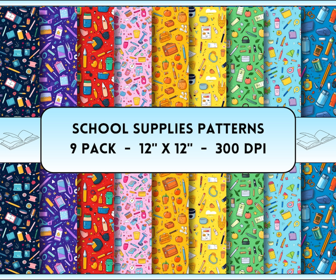 School Supplies Digital Papers, School Pattern, School Seamless Prints ...