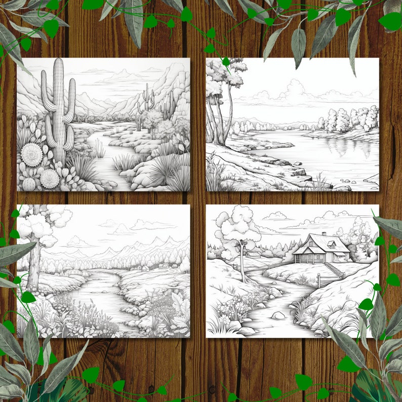 Landscape Coloring Sheets for Kids and Adults, Relaxing Scenery, From ...