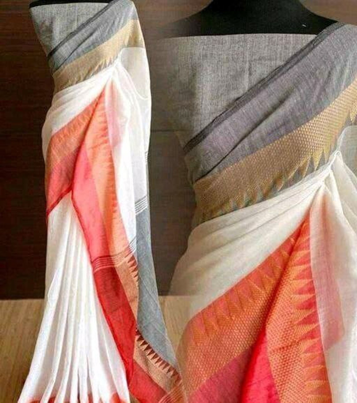 Temple Design Woven Saree White Color for Woman - Etsy