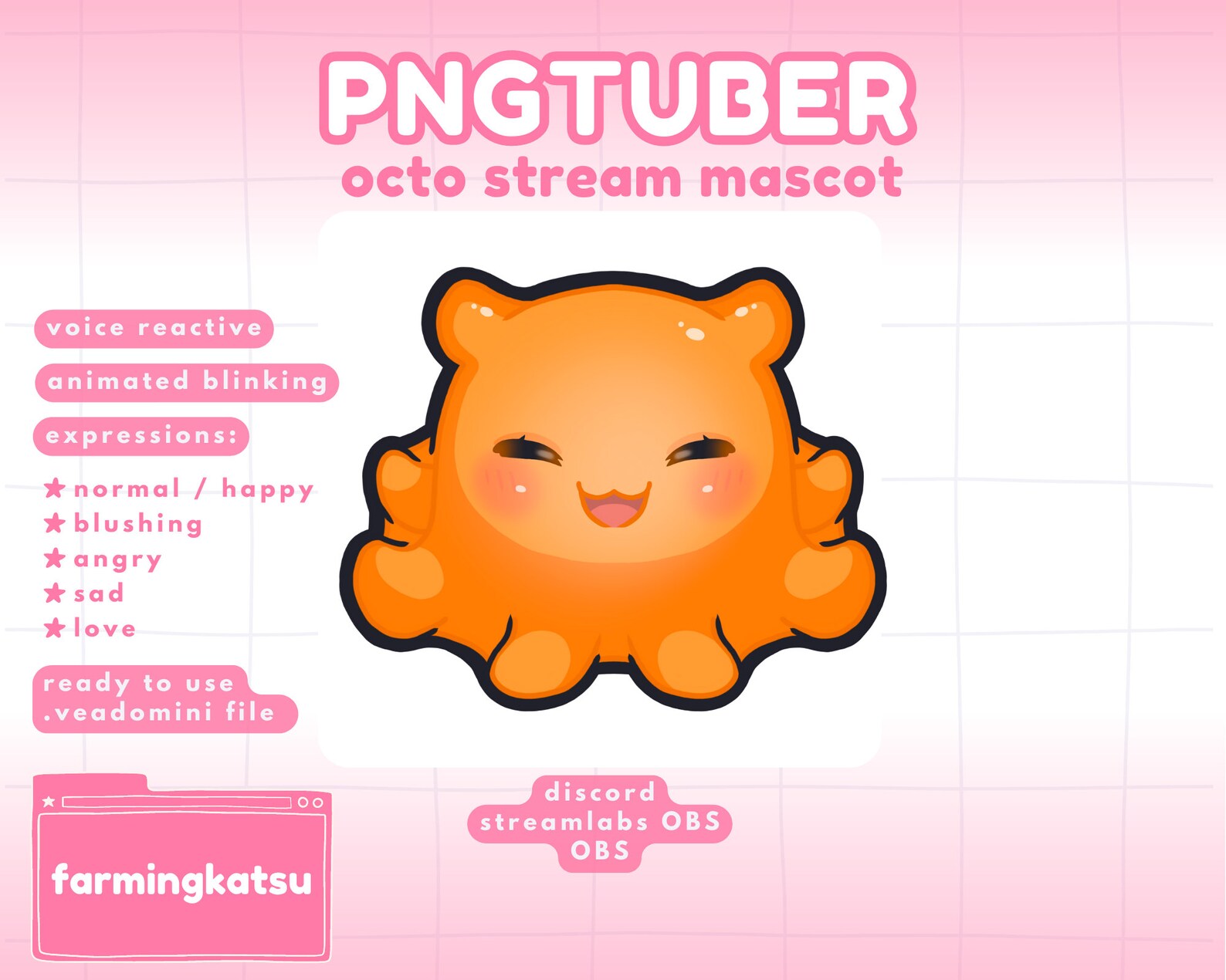Octopus Pngtuber | Cute Kawaii Stream Mascot Multiple Expressions OBS ...