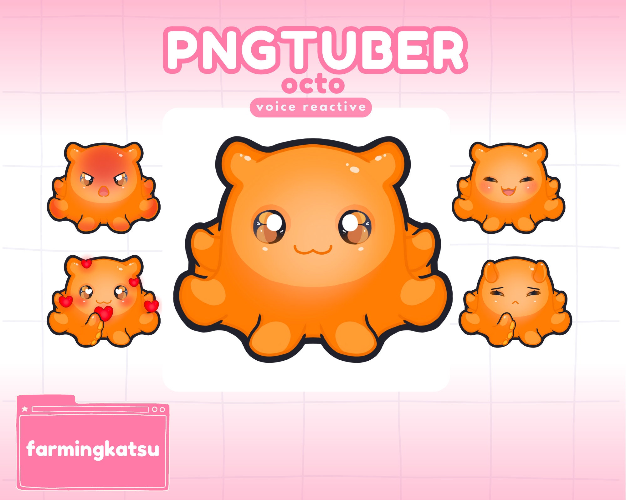 Octopus Pngtuber | Cute Kawaii Stream Mascot Multiple Expressions OBS ...