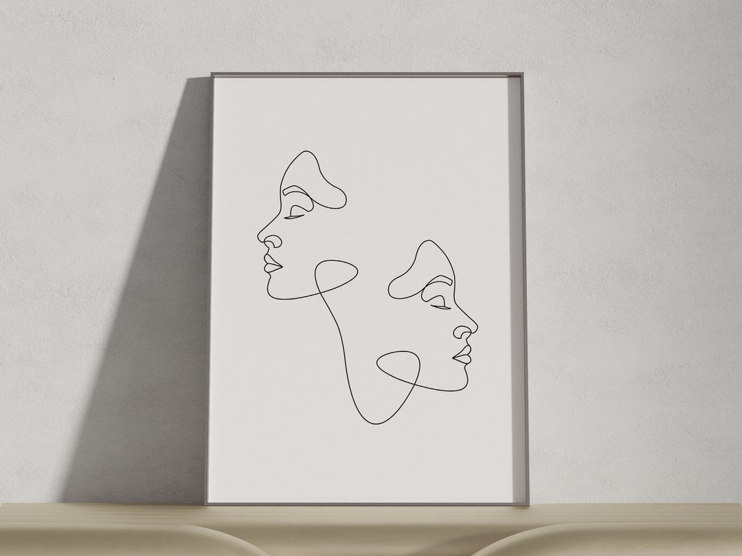 One Line Two Faces Digital Art Print, Continuous Line Illustration ...