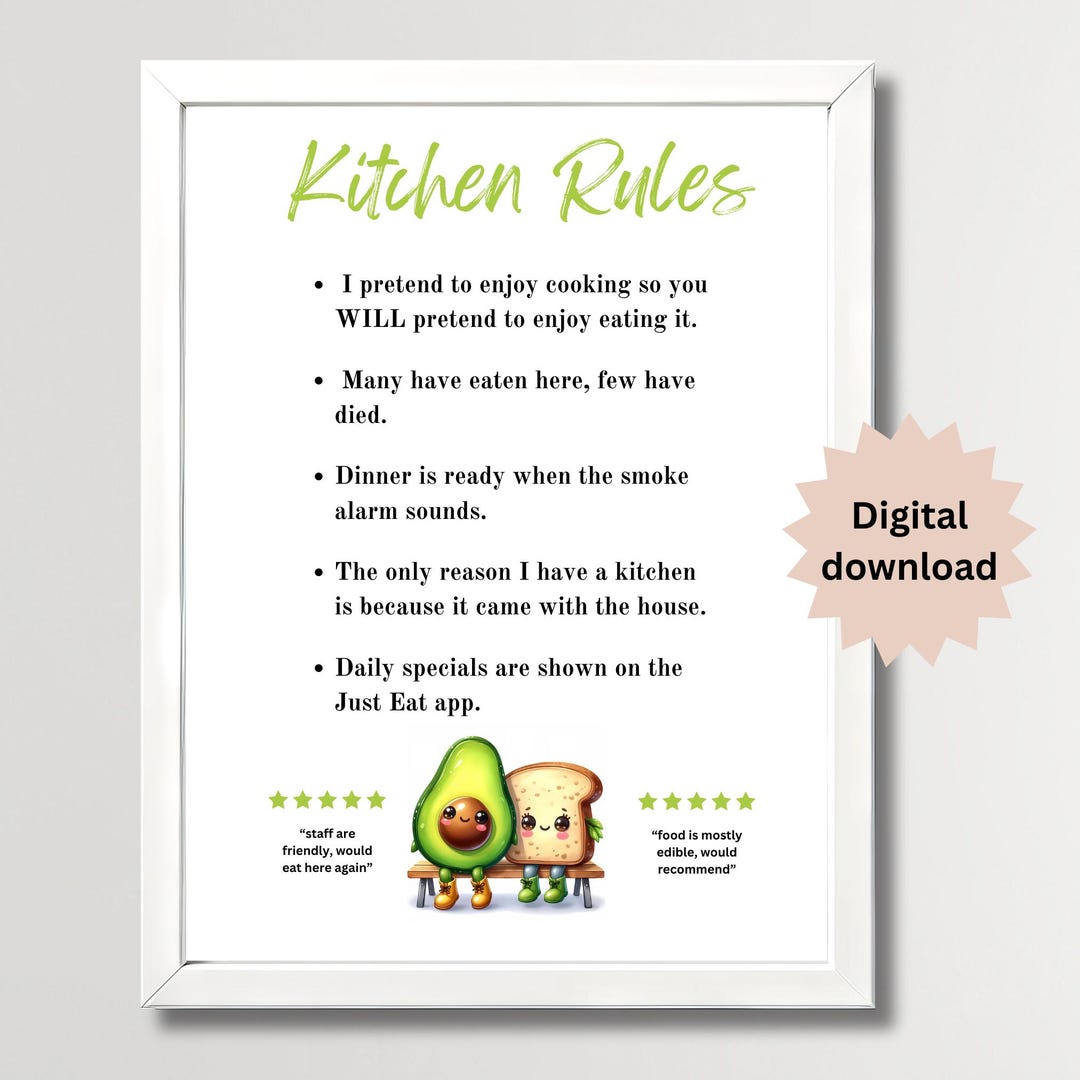 Funny Kitchen Rules Printable Wall Art Lime Green and Black Kitchen ...