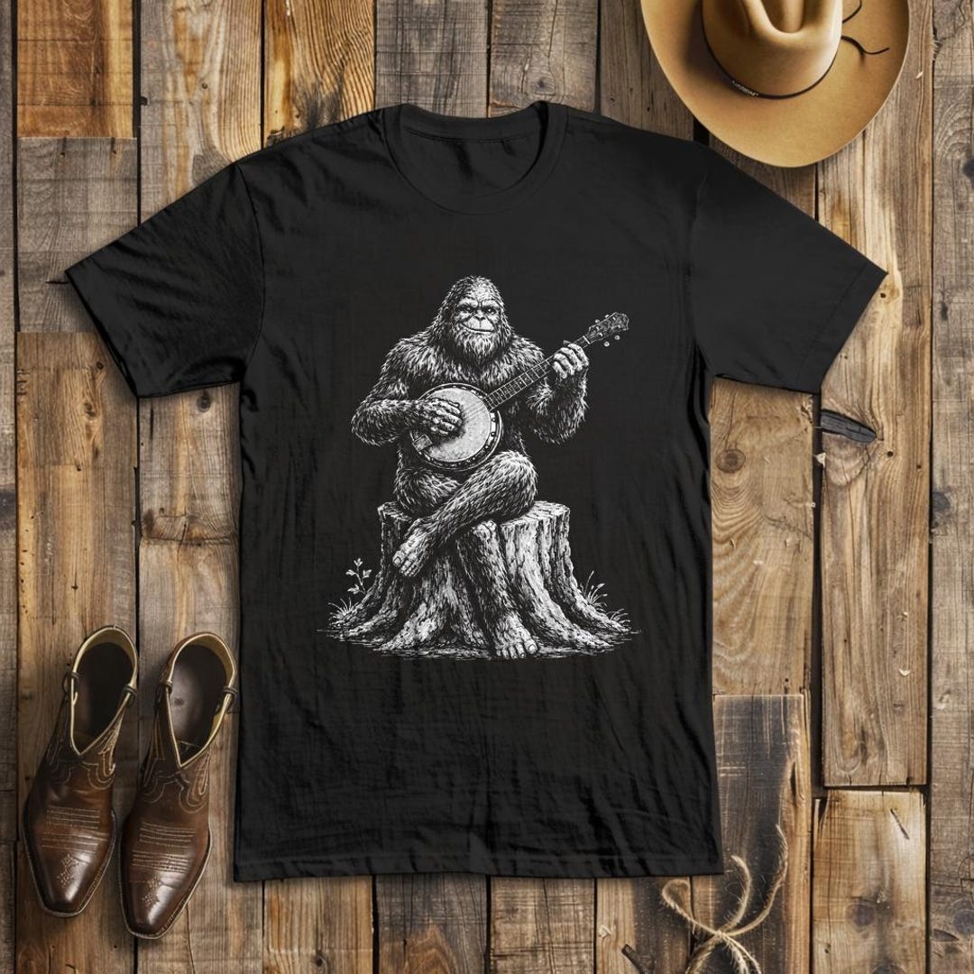 Bluegrass Banjo Shirt, Bigfoot Playing Banjo Tee, Sasquatch Folk Music ...