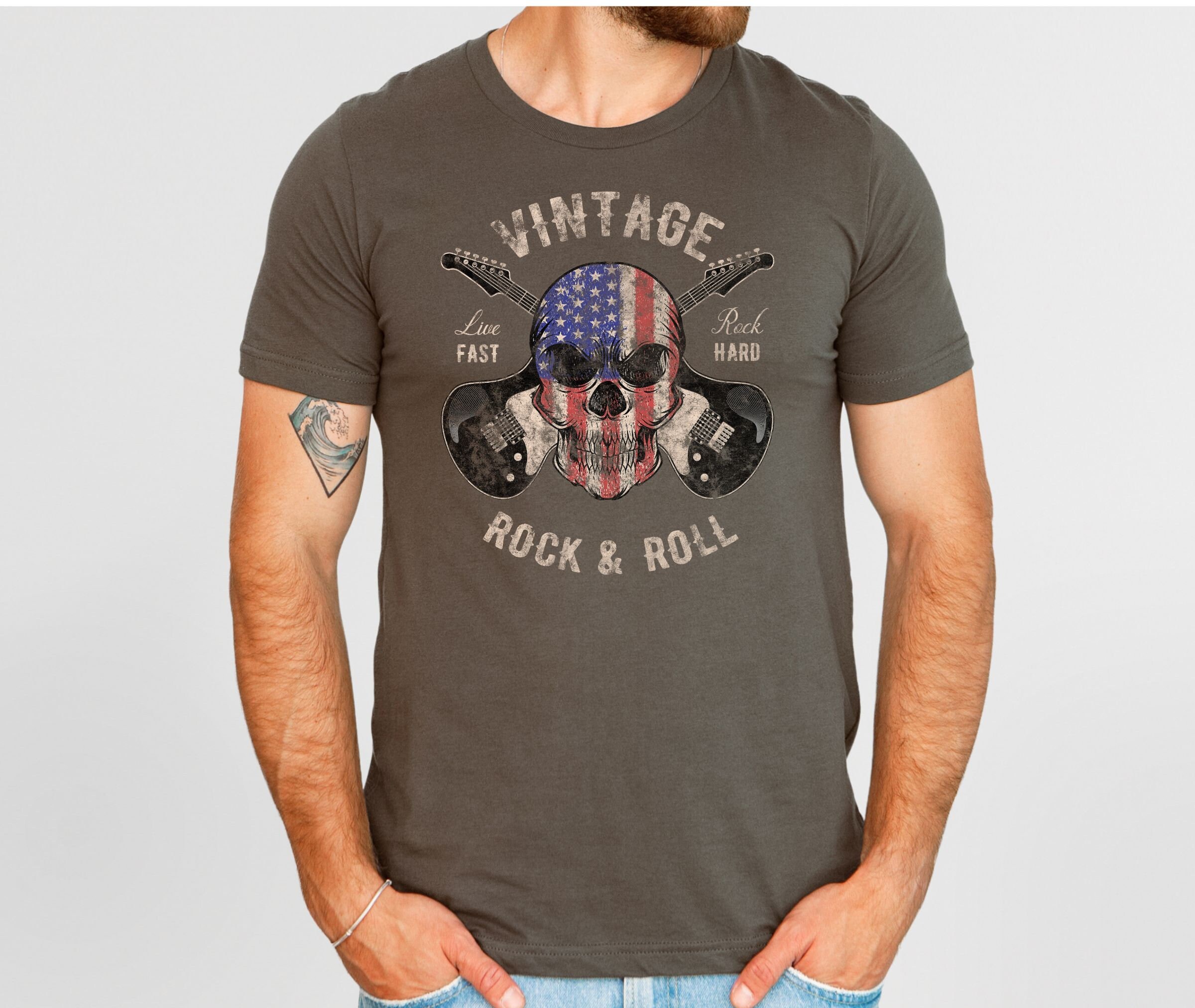 Vintage Rock & Roll T-shirt: Skull Guitar Graphic With American Flag - Etsy