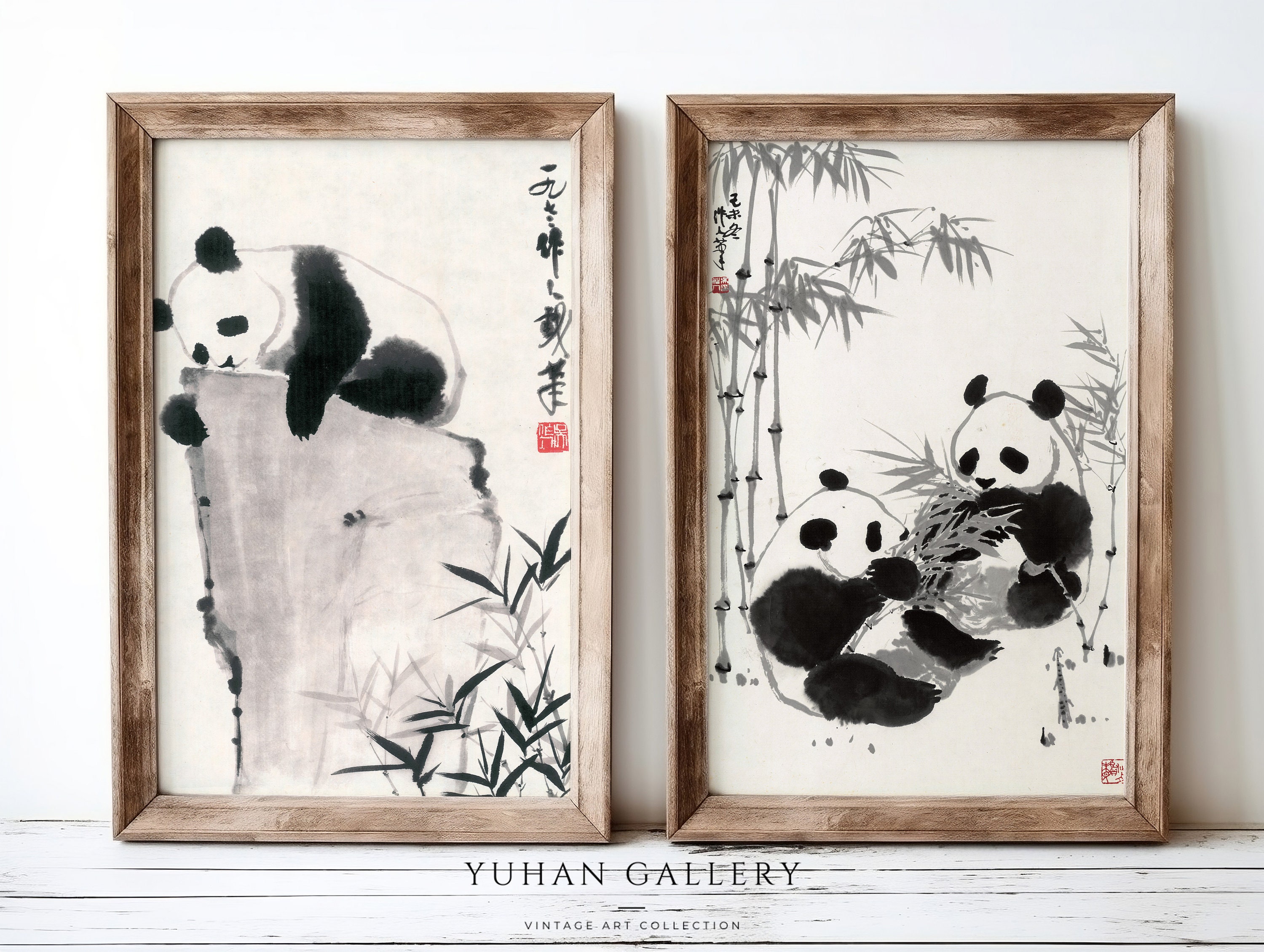 Panda Ink Art Print Set: Vintage Chinese Gallery Wall Decor (digital ...