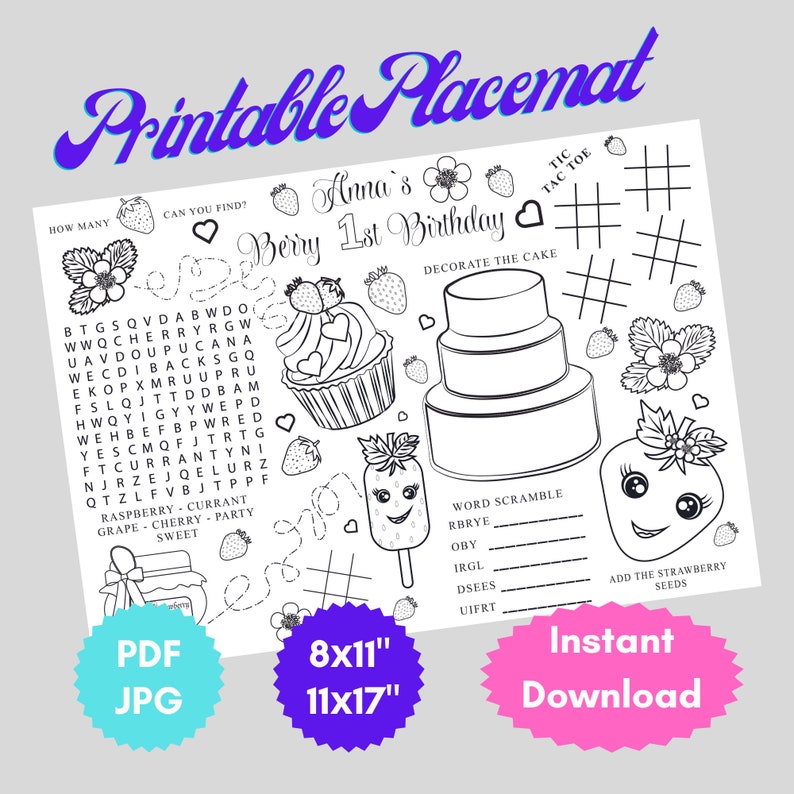 Strawberry Personalized Birthday Party Placemat, First Birthday Party ...