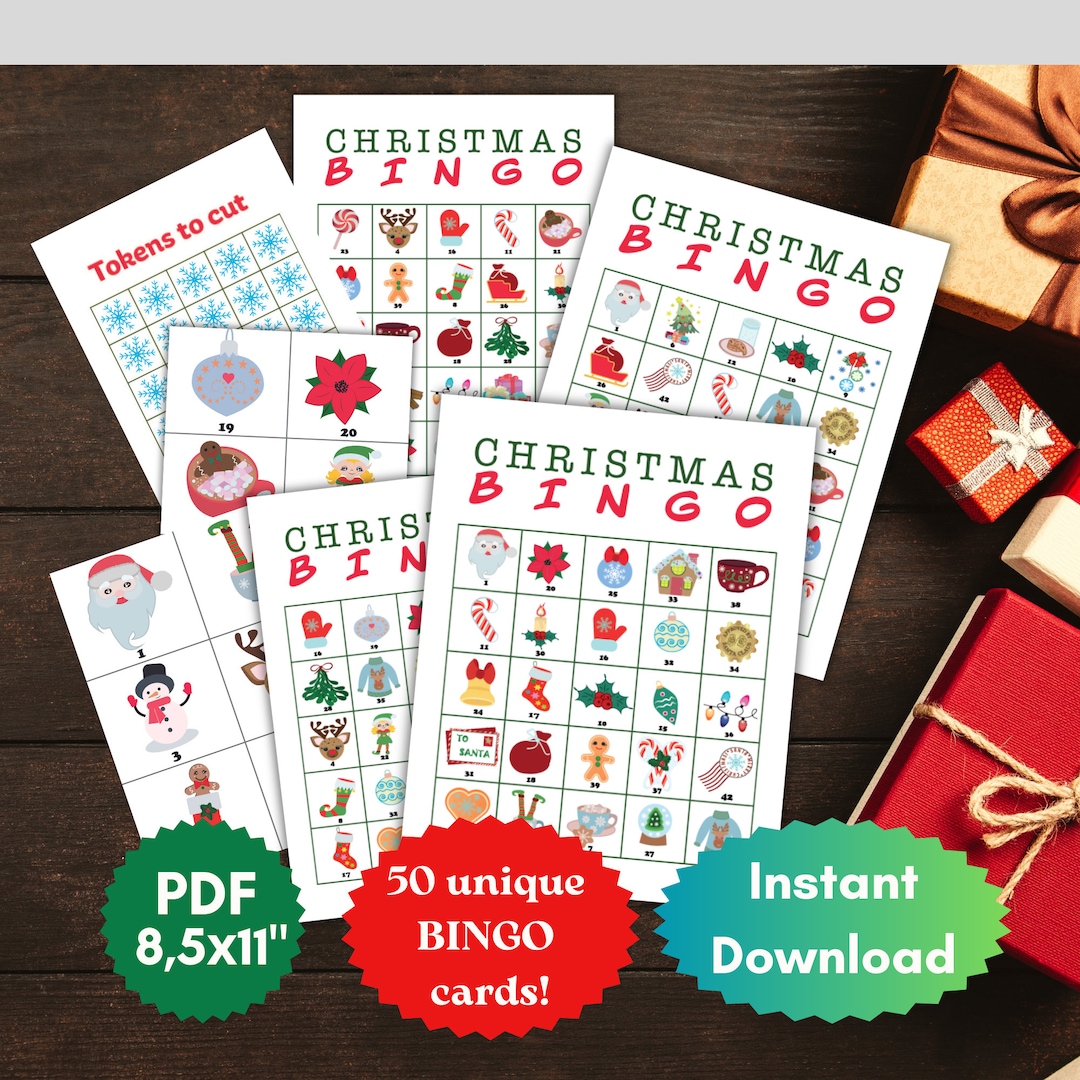 Christmas Bingo Game, Christmas Family Game Kids Adults 50 Unique Bingo ...
