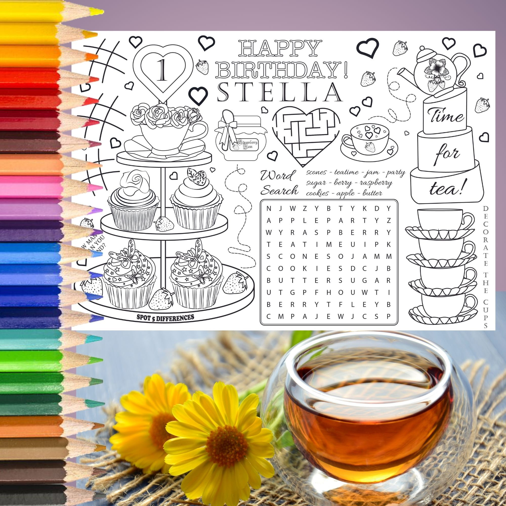 Personalised Tea Party Birthday Activity Coloring Page Backing Party ...