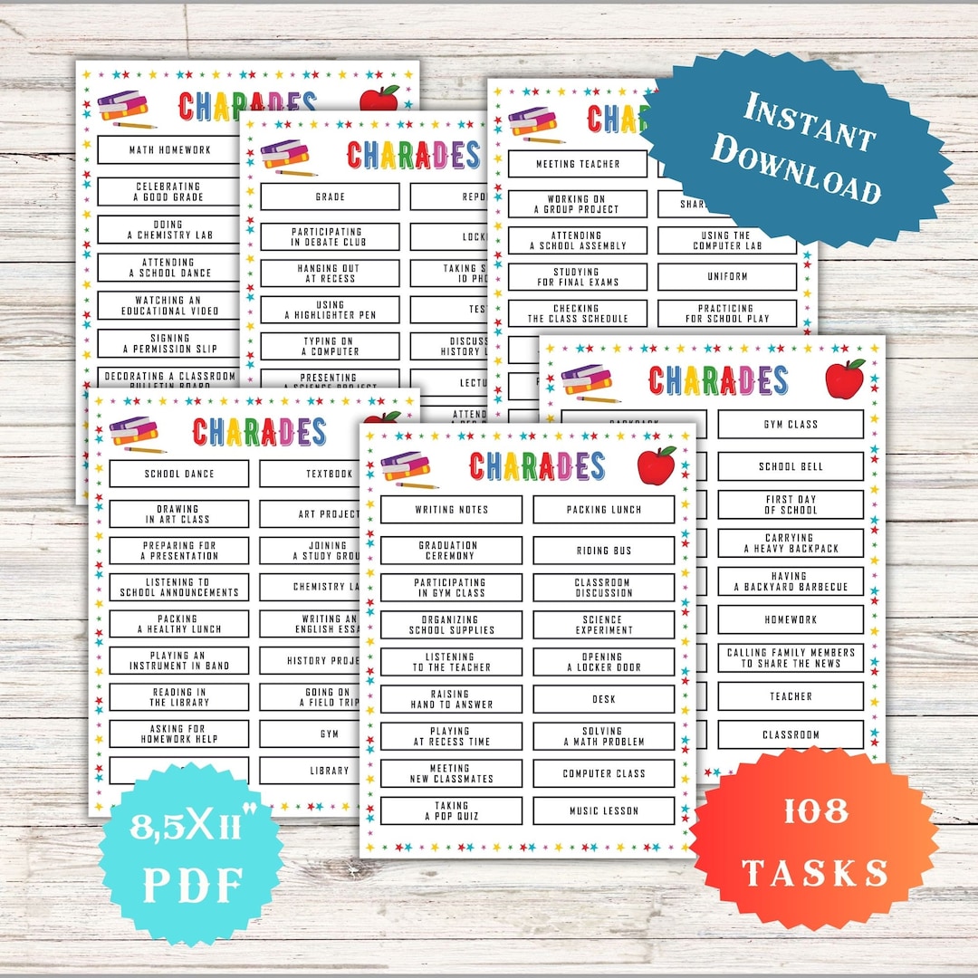 108 Charades Cards Back to School Classroom Games Activities for Kids ...