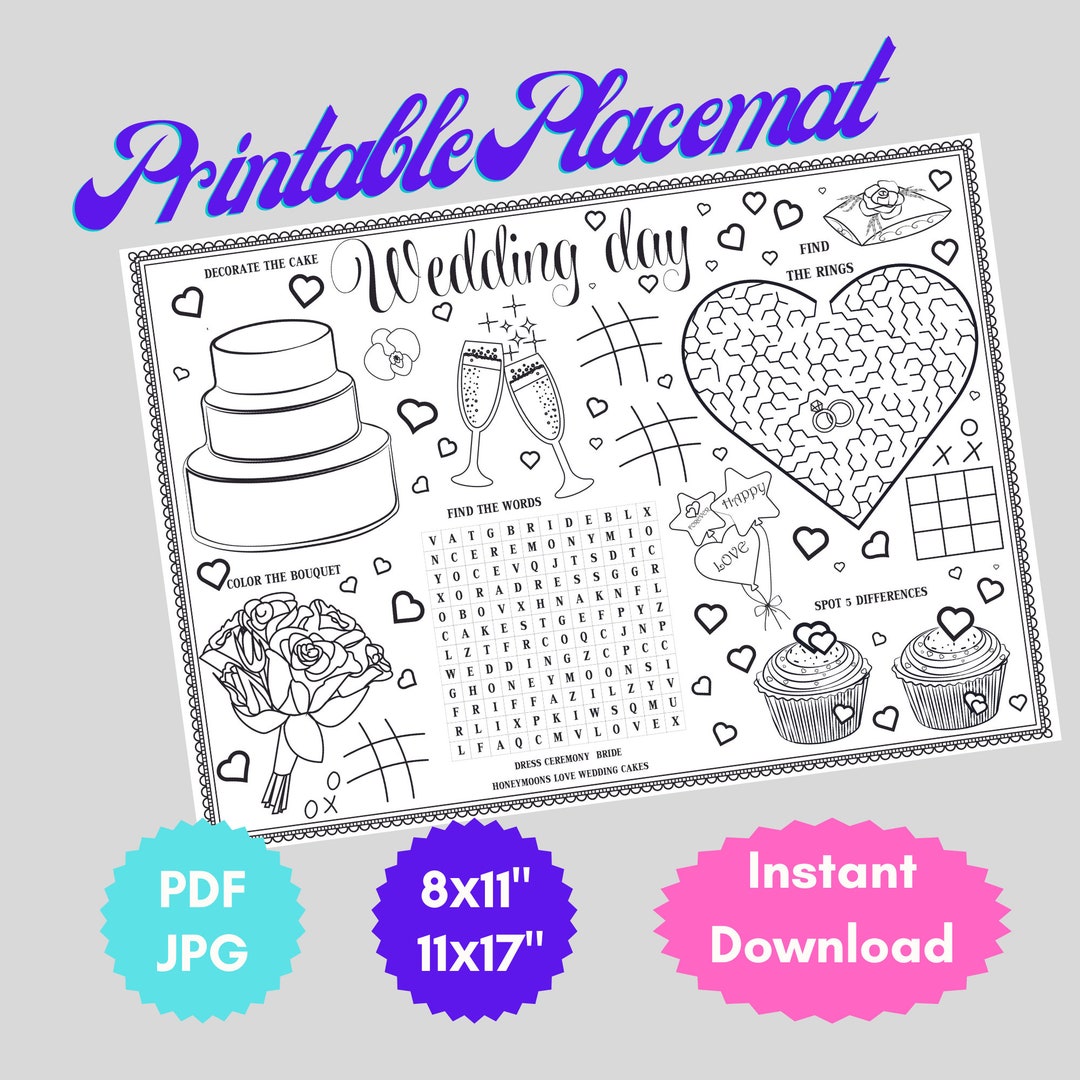 Wedding Activity Sheet, Placemat, Bridal Shower Game, Printable Busy ...