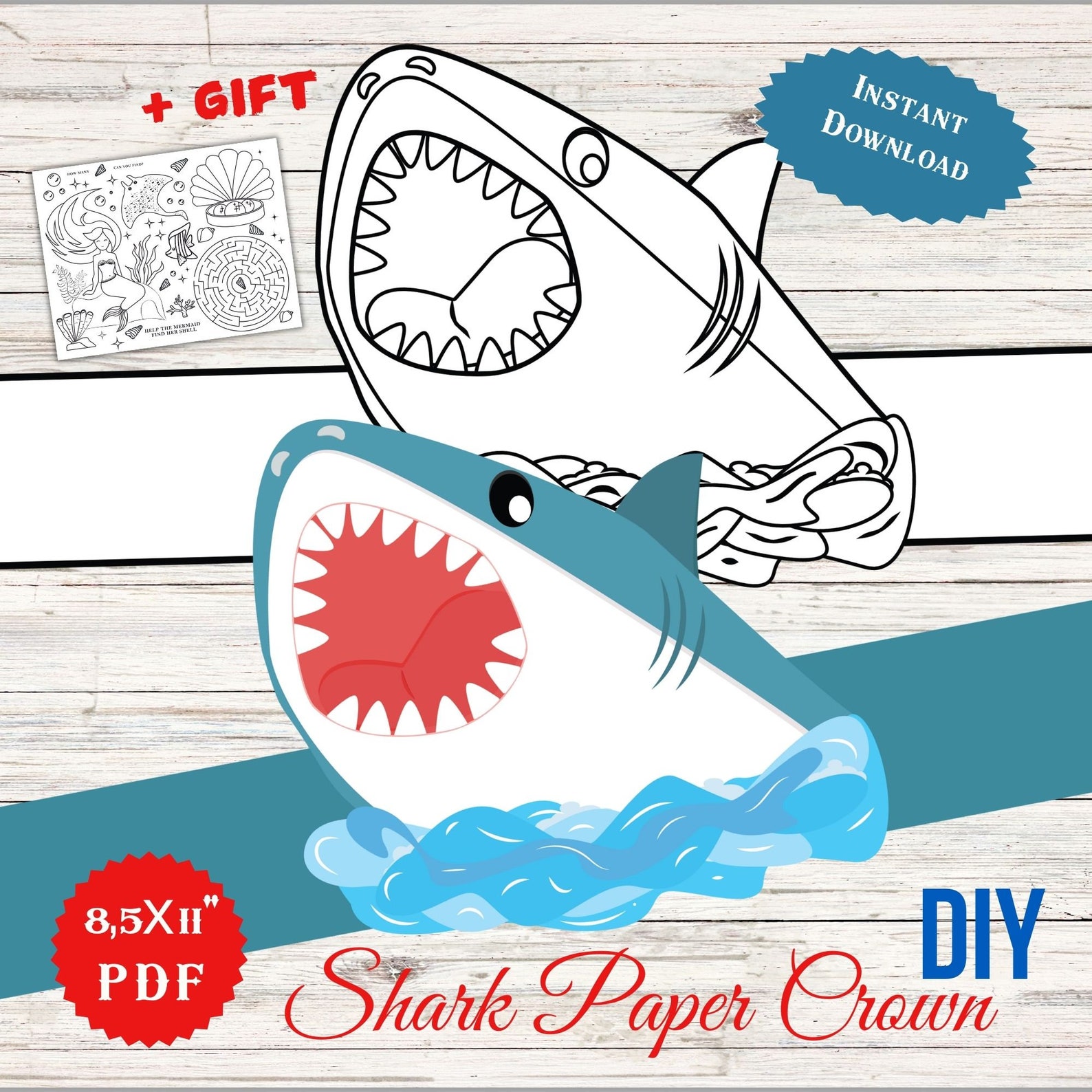 Great White Shark Coloring Paper Craft Printable Crown Shark Hat for ...